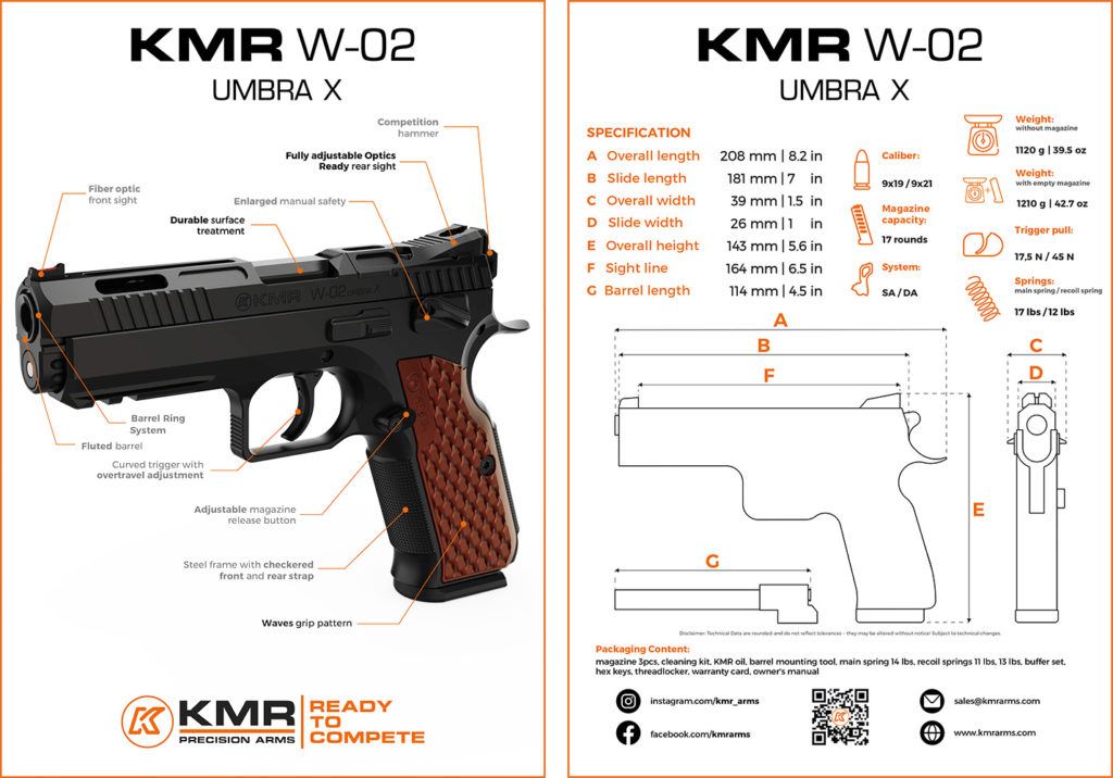 Pistola KMR Precision Arms, Modelo W-02 UMBRA X OR, calibre 9mm, cañón 4,5'', Capacidad 17rd - CMRL